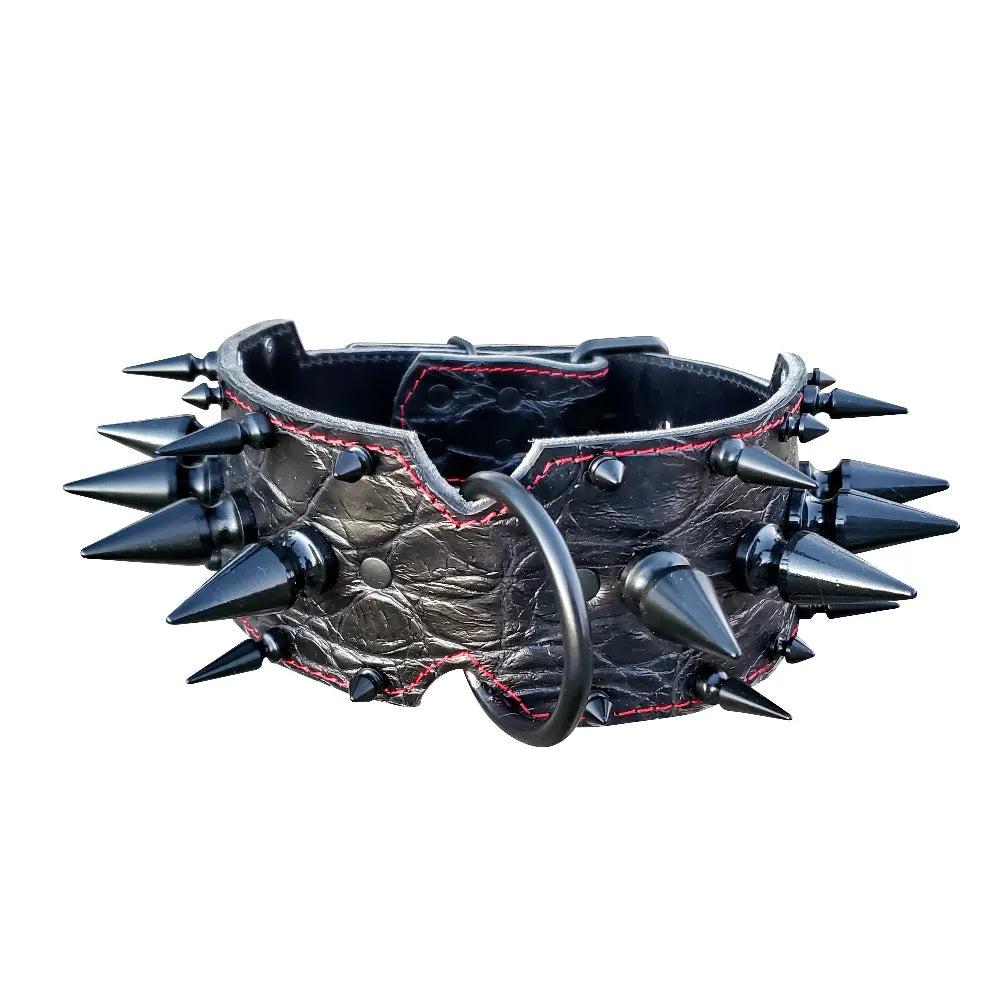 3" Black Embossed Croc Leather Dog Collar With Black Extreme Spikes Fi ...
